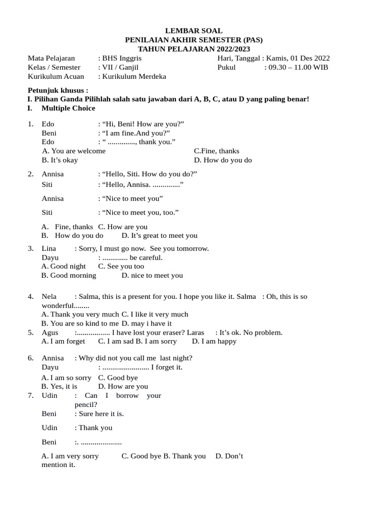 SOAL KLS 7 LENGKAP | PDF