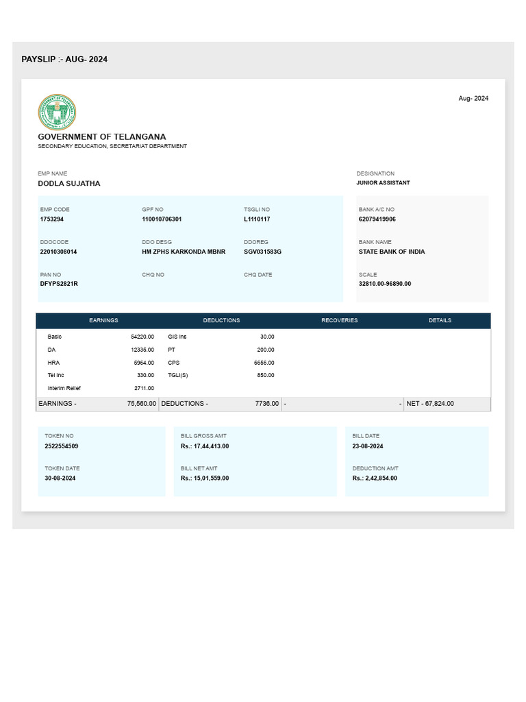 Telangana August 2024 Payslip Details | PDF