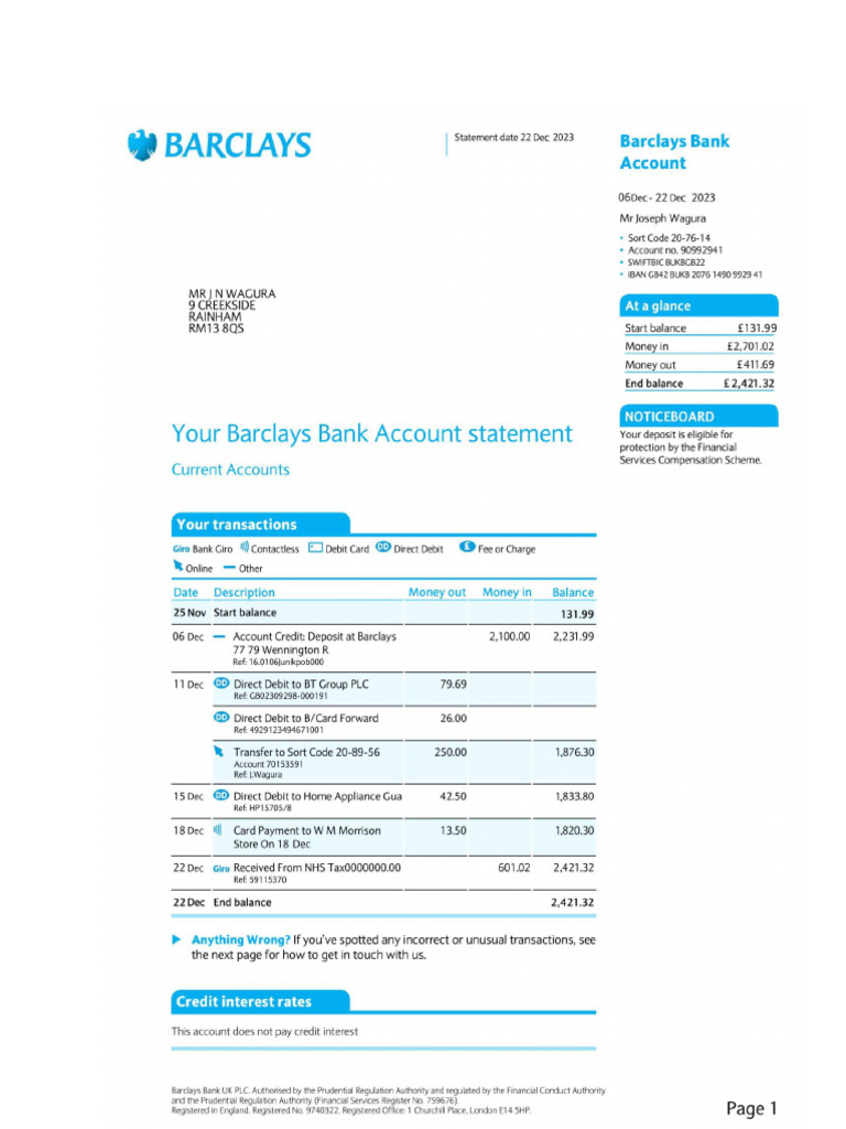 Barclays Account Statement Summary | PDF | Debit Card | Banks