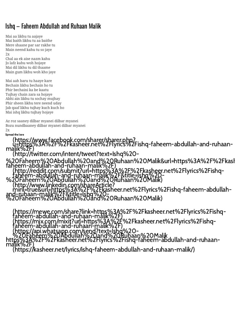 Ishq Lyrics by Faheem Abdullah | PDF