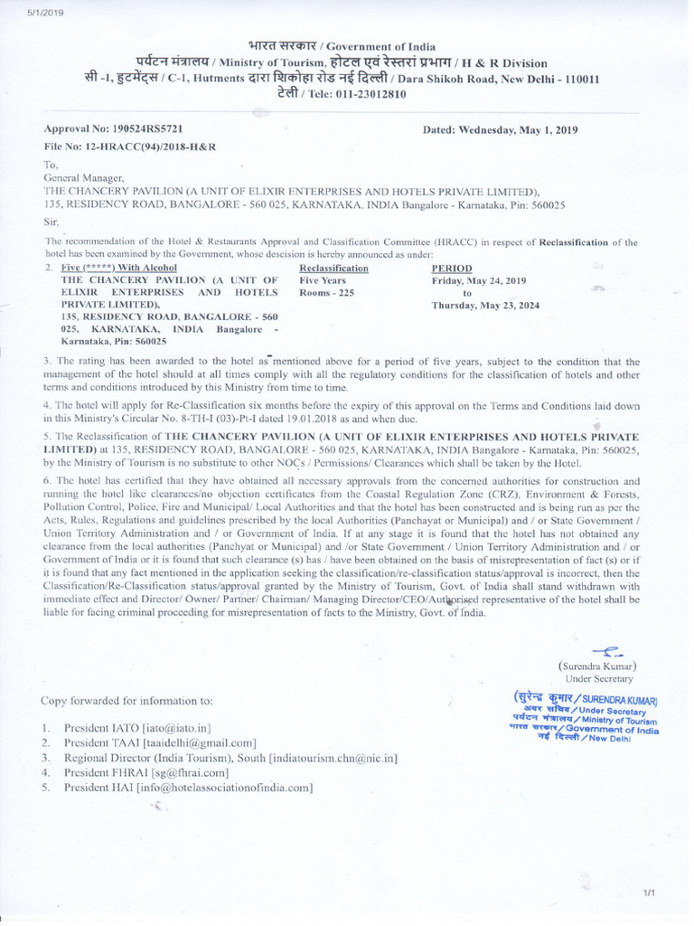 Five Star Hotel Classification Certificate The Chancery Pavilion ...