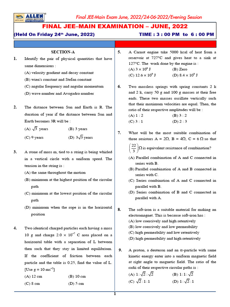 2406 PCM Test Paper Evening Final | PDF | Electronvolt | Electron