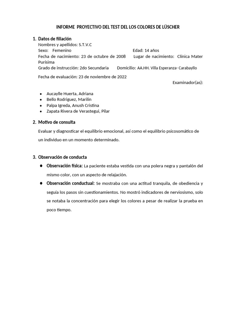 Informe Del Test de Colores de Luscher | PDF | Ansiedad | Ciencias del ...