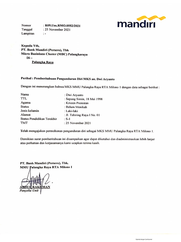 Surat Permohonan Pengunduran Diri SGP Dwi Aryanto | PDF