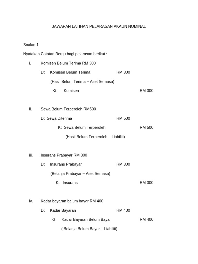 Jawapan Latihan Pelarasan Akaun Nominal | PDF
