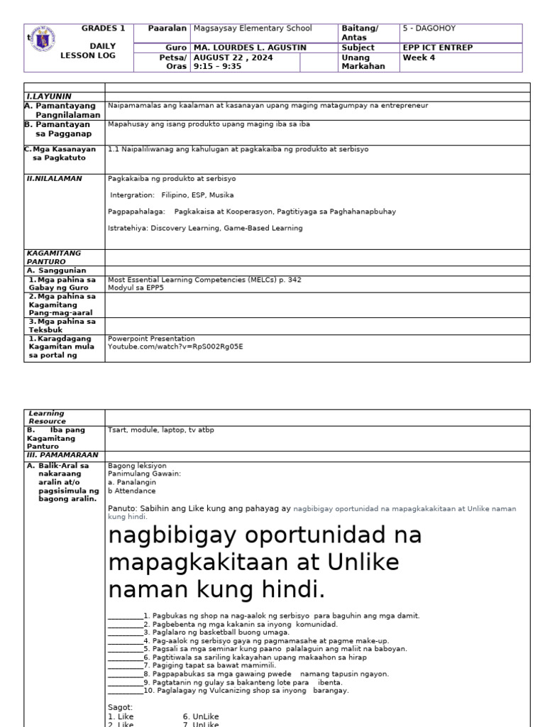 COT-EPP5_Q1-ICT-ENTREP-naipaliliwanag-ang-kahulugan-at-pagkakaiba-ng-produkto-at-serbisyo | PDF