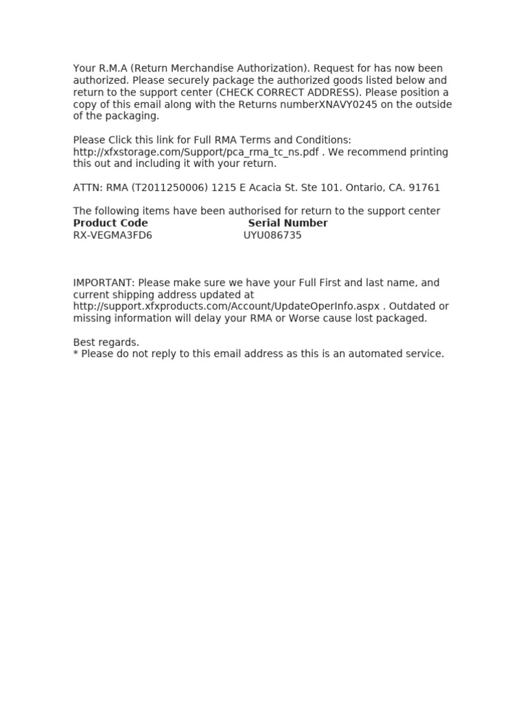 Authorized RMA Return Instructions | PDF