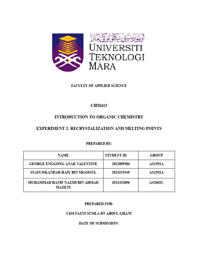 Chm413 Lab - Exp 2 Recrystallization and Melting Points | PDF