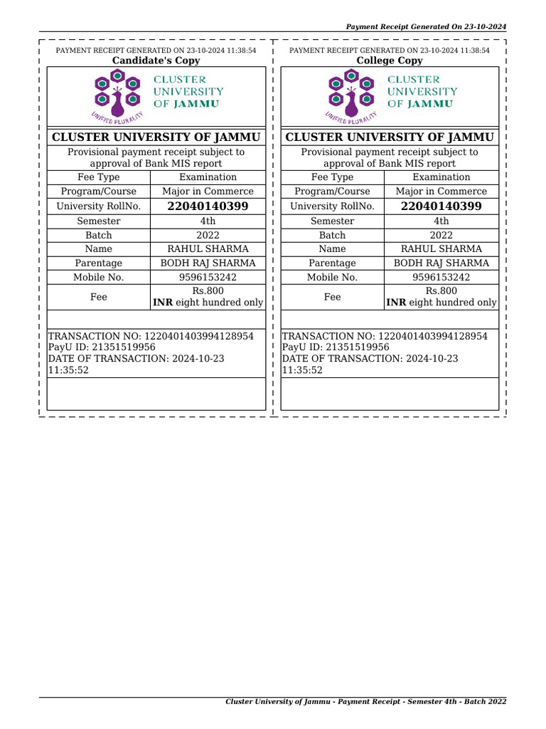 Examination Form Receipt 4 Batch 2022 | PDF