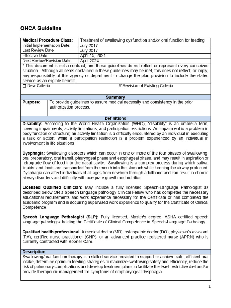 Swallowing Dysfunction Treatment Guidelines | PDF | Medicine | Health Care
