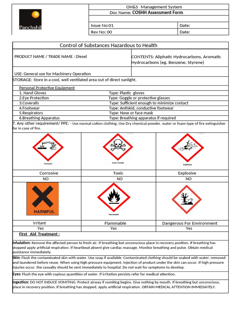 Coshh Diesel | PDF | Personal Protective Equipment Coshh Diesel | PDF | Personal Protective Equipment