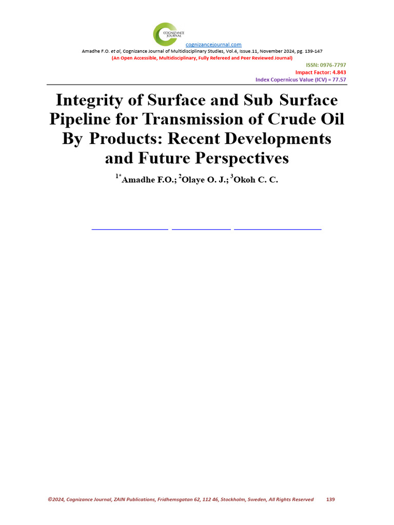 Integrity of Surface and Sub-Surface Pipeline For Transmission of Crude ...
