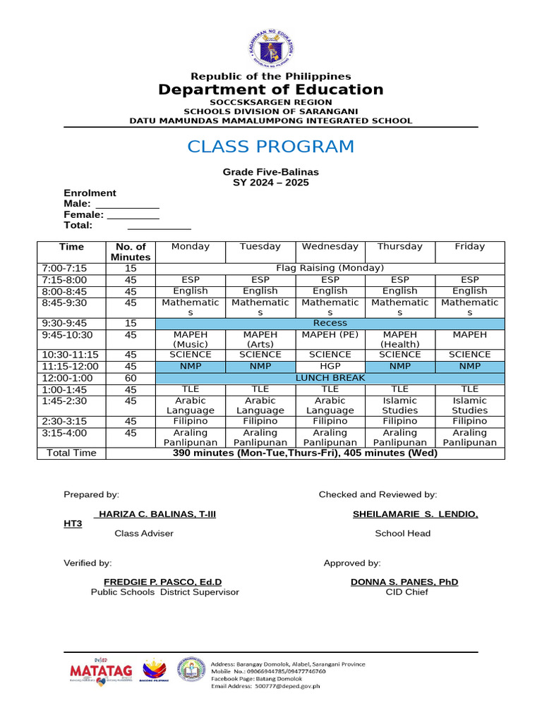 Grade 5 Class Program SY 2024-2025 | PDF | Philippines | Southeast Asia