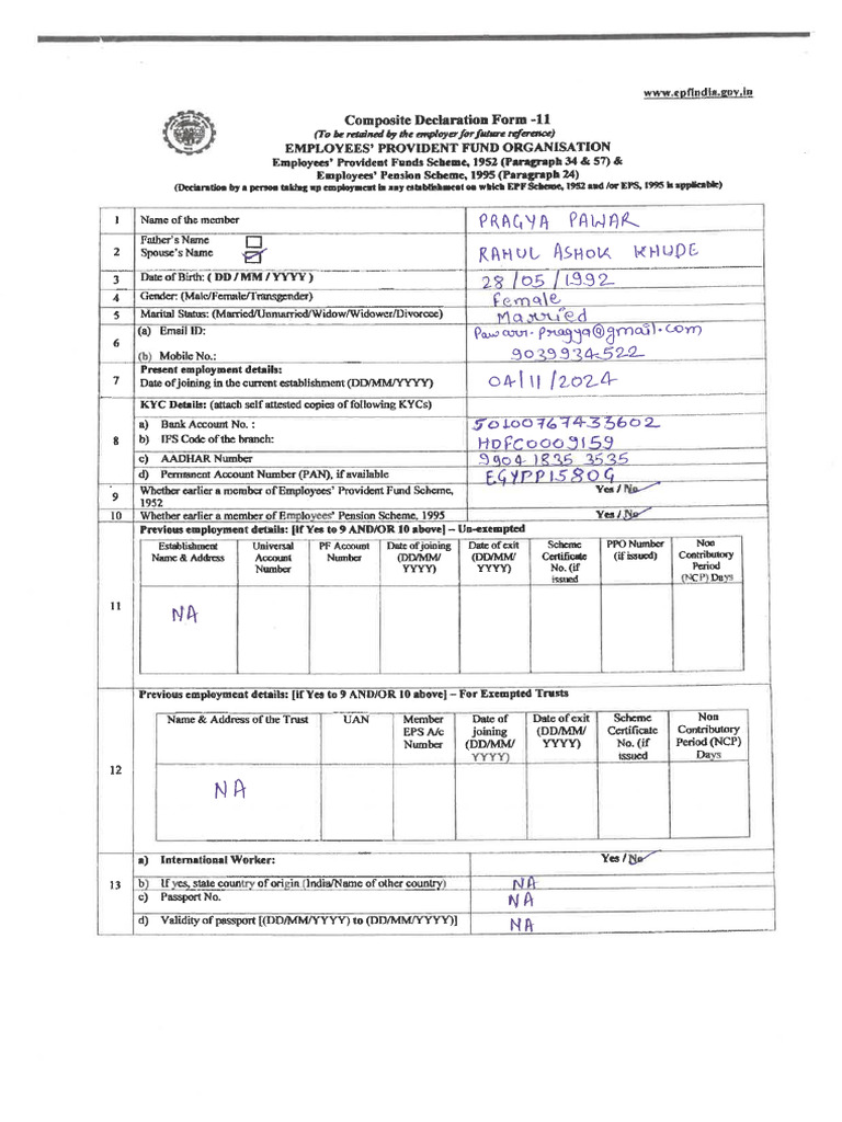 PF Declaration Form 11 PDF | PDF