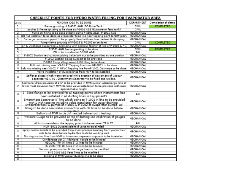Hydro Water Filling Checklist for Evaporators | PDF | Pump | Vacuum