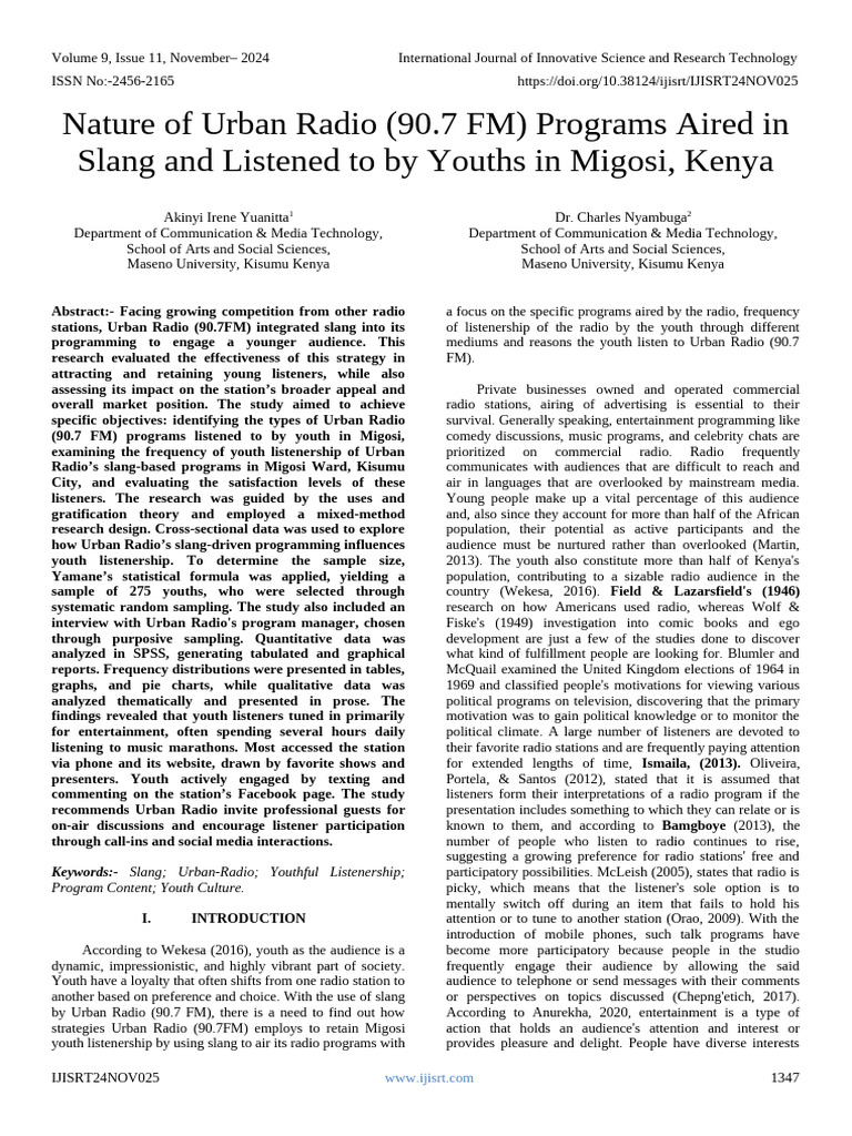 Nature of Urban Radio (90.7 FM) Programs Aired in Slang and Listened to ...