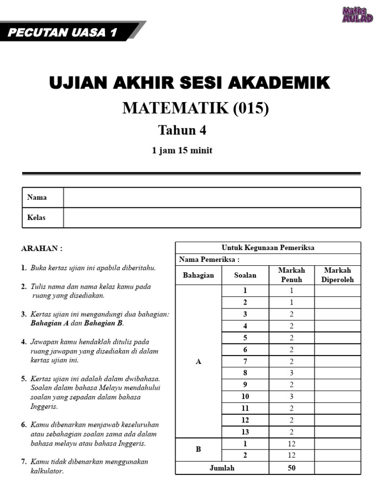 (S) Set 1 - Pecutan Akhir Uasa MT Tahun 4 | PDF