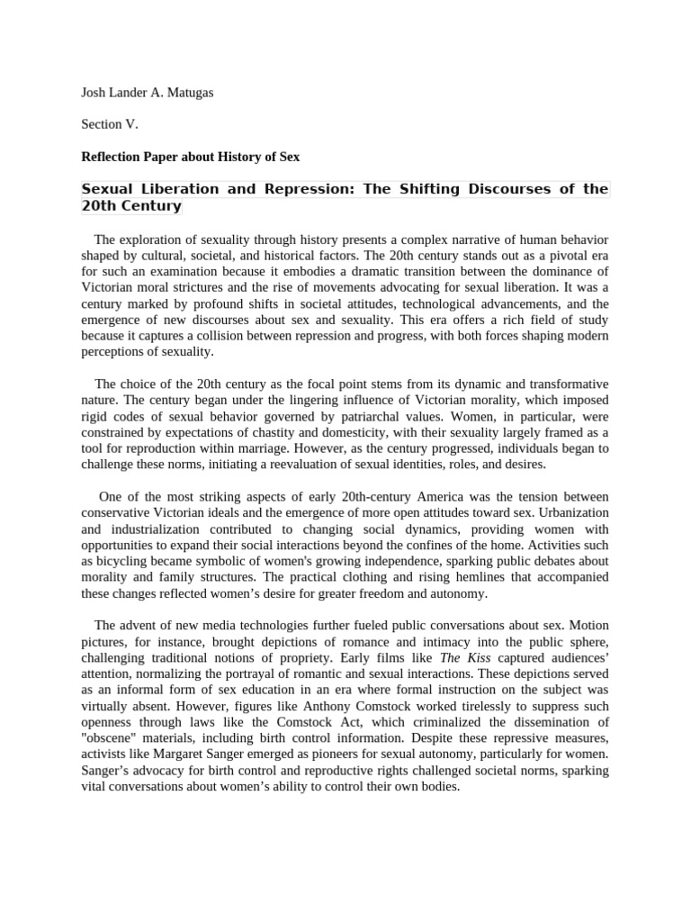 History Of Sex Reflection Pdf Human Sexuality Sexual Revolution