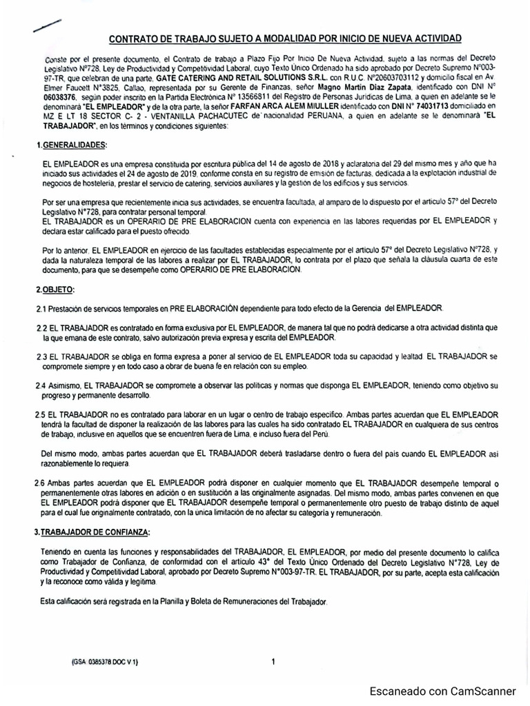Contrato de Trabajo Sujeto a Modalidad Por Inicio de Nueva Actividad Alem | PDF