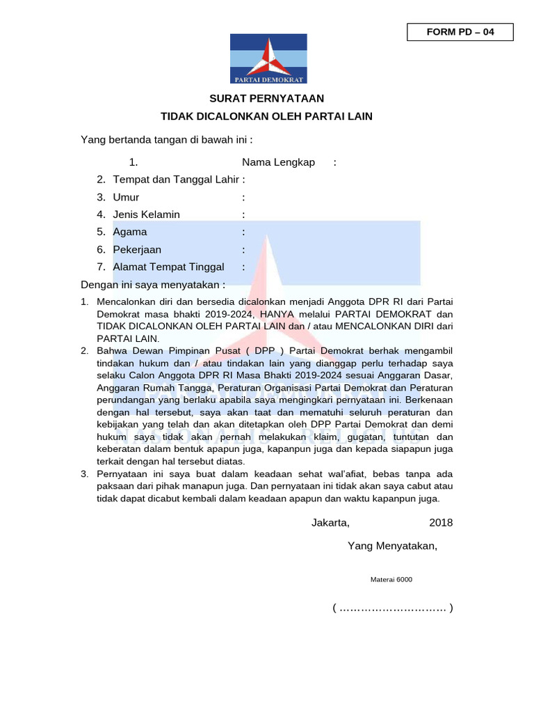 Surat Pernyataan Tidak Dicalonkan Partai Lain Form PD 04 | PDF