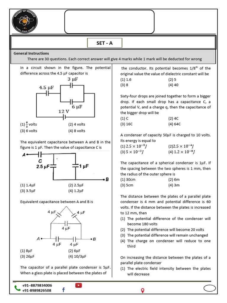 Capacitance and Current Electricity Test | PDF | Capacitance | Capacitor