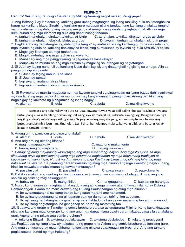 Filipino 7 Q2 Reviewer PT | PDF