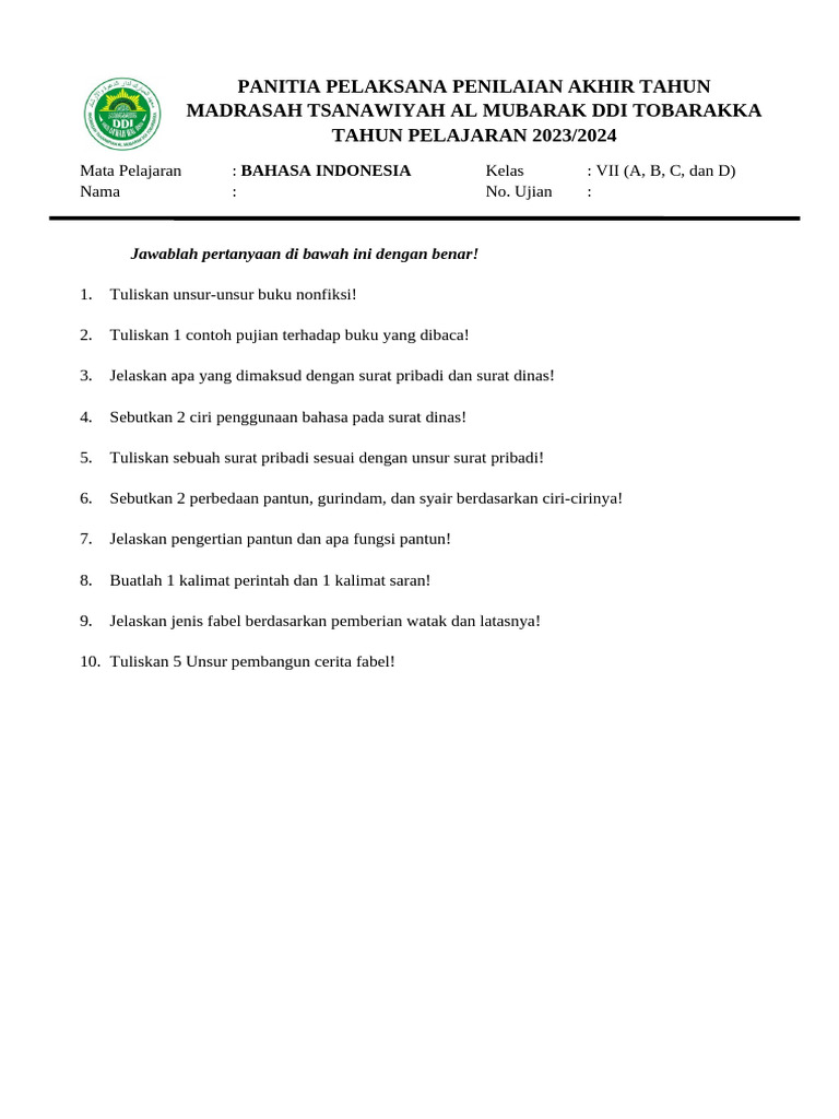 Soal Pat Bahasa Indonesia Kelas Vii Abcd 2024 | PDF