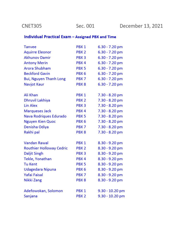 CNET305 Practical Exam Schedule | PDF