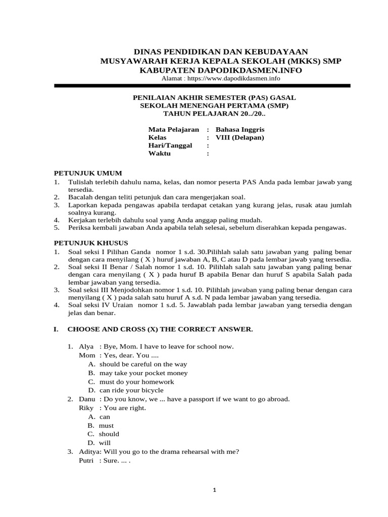 Soal PAS Bahasa Inggris Kelas VIII BAG 4 | PDF