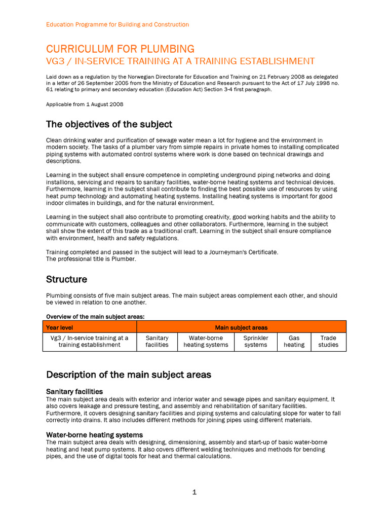 wg1 Annex 2 Curriculum For Plumbing Norway | PDF | Plumbing | Pipe (Fluid Conveyance)