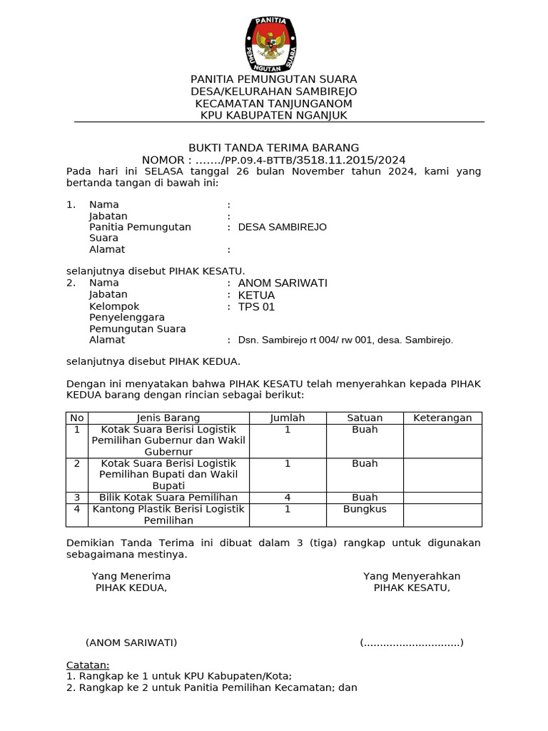 Template BTTB Dari PPS Ke TPS | PDF
