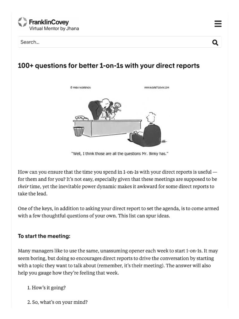 100+ Questions For Better 1-On-1s With Your Direct Reports - Jhana | PDF