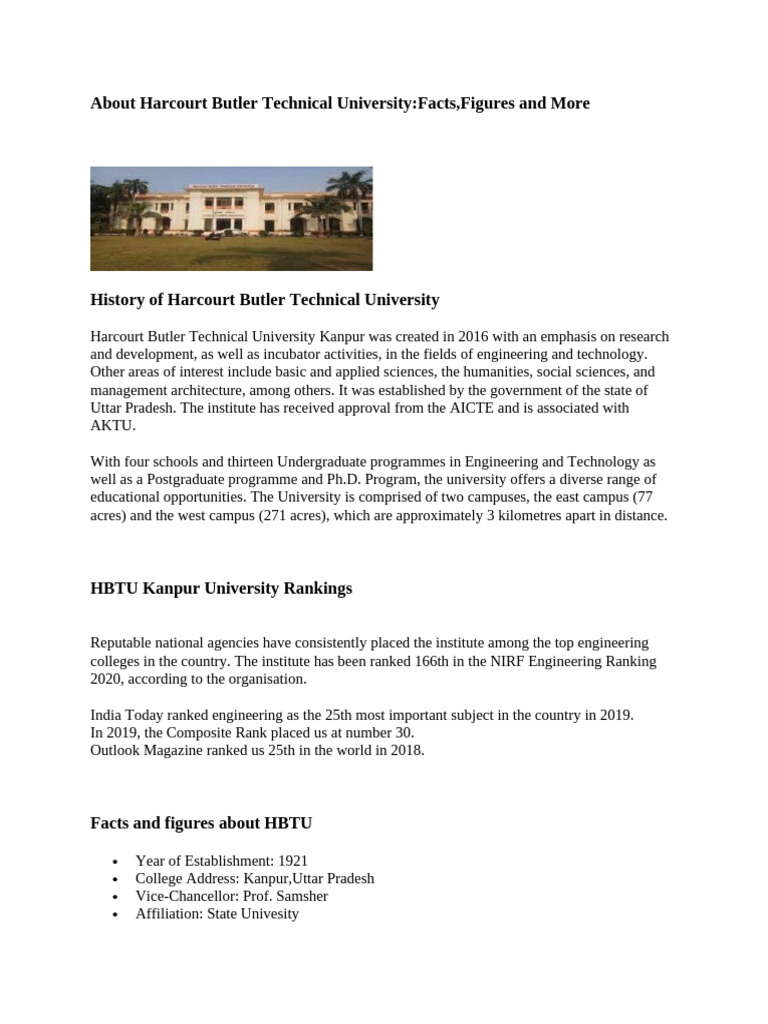 About Harcourt Butler Technical University:Facts, Figures and More | PDF