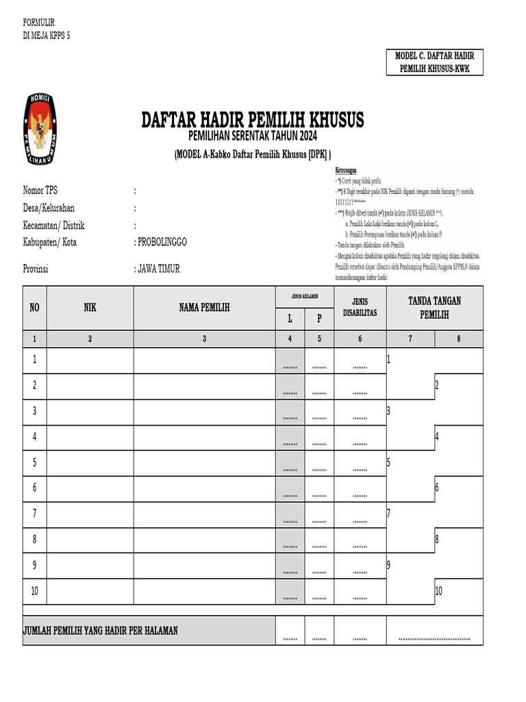 Form Daftar Hadir Pemilih Khusus (DPK) | PDF