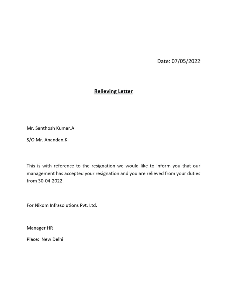 Relieving Letter for Santhosh Kumar | PDF