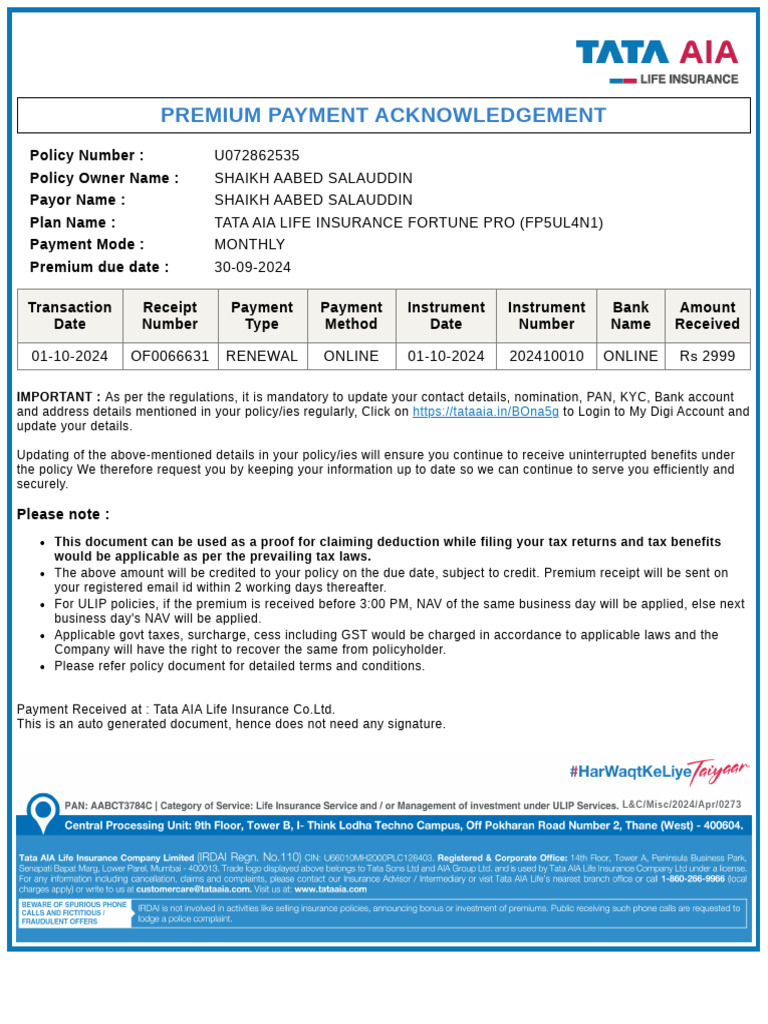 Tata AIA Life Insurance Premium Receipt | PDF