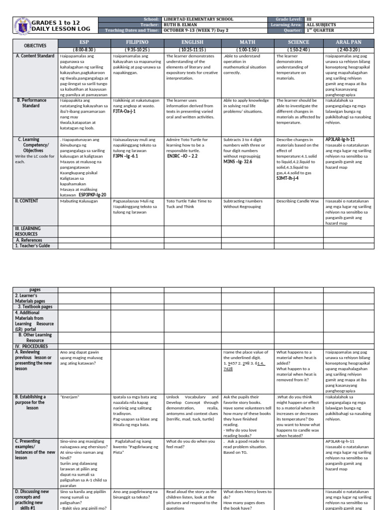 Quarter 1 Week 7 Day 2 | PDF | Subtraction | Learning