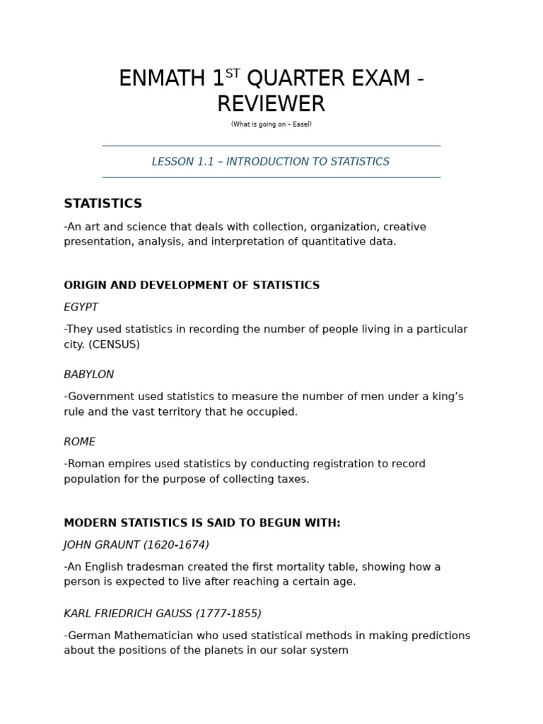 Enmath 1ST Quarter Exam Reviewer | PDF | Statistics | Sampling (Statistics)
