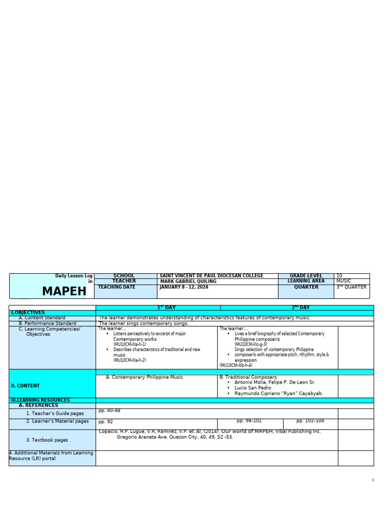 q3 Mapeh 10 Grade 10 DLL Mapeh 3rd Quarter | PDF | Learning | Composers