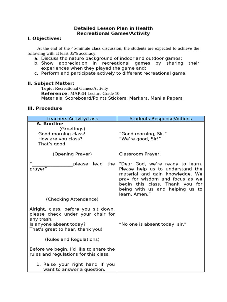 4A's Lesson Plan (PE) | PDF | Lesson Plan | Prayer