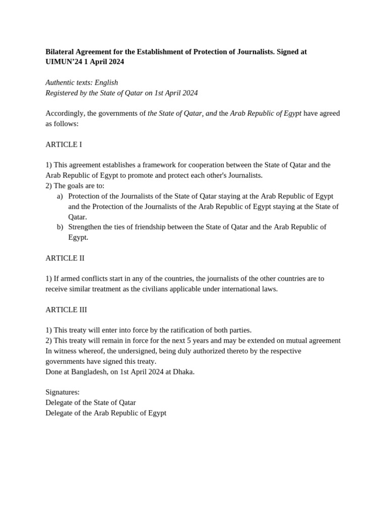 Bilateral Agreement Between Qatar and Egypt | PDF