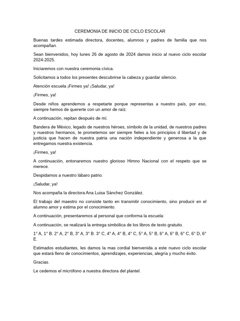 Ceremonia de Inicio de Ciclo Escolar | PDF