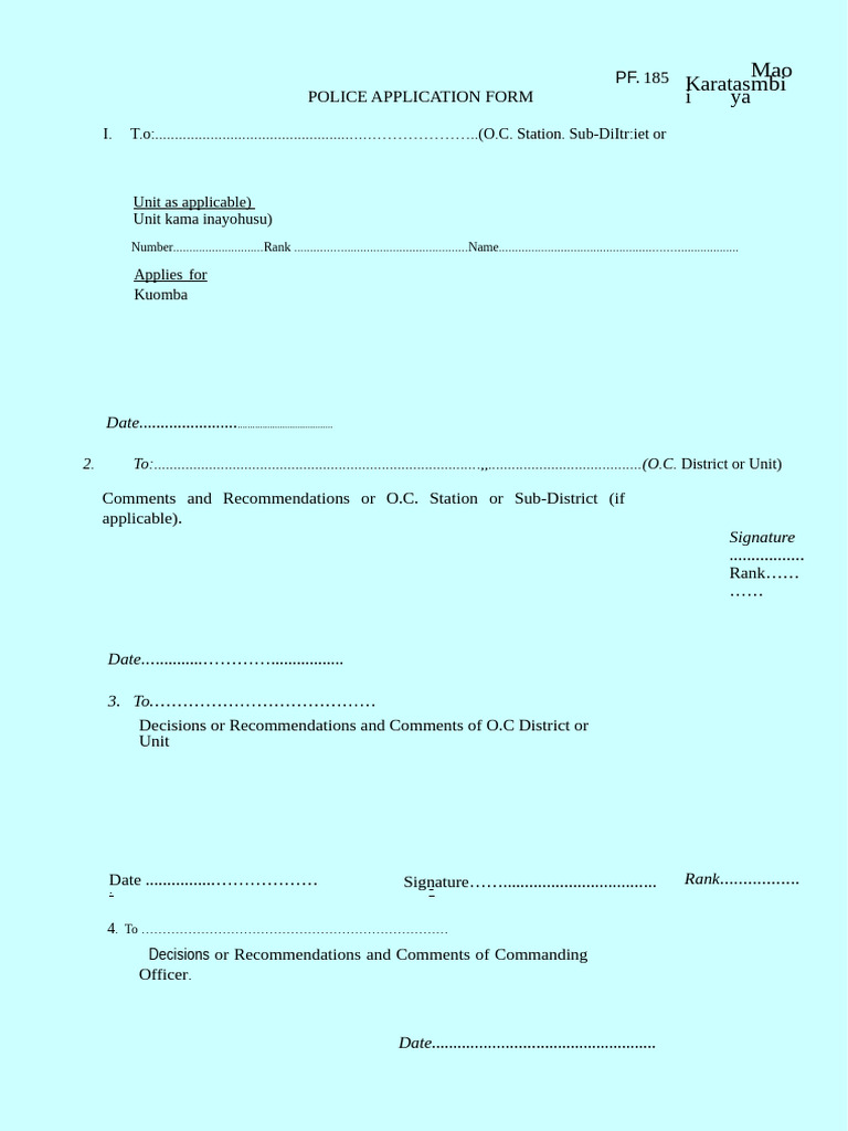 PF 185 Police Application Form | PDF | Positions Of Authority | Ranks