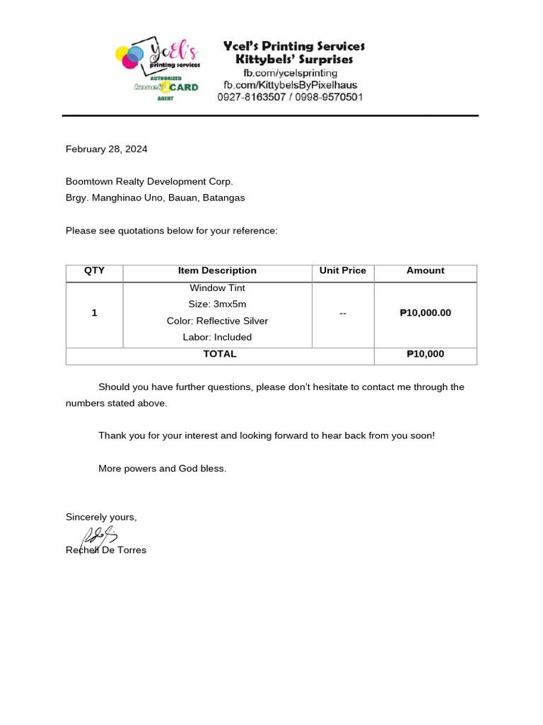 Boomtown Window Tint Quotation | PDF