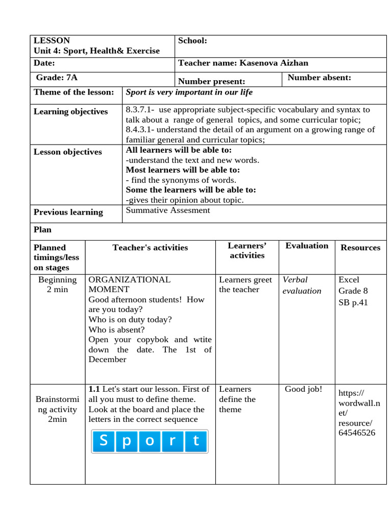 Sport, Health & Exercise Lesson Plan | PDF