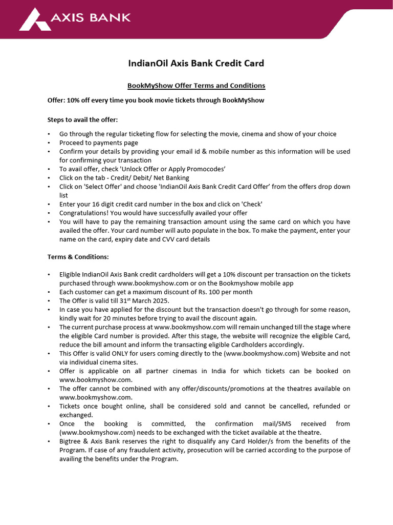 Indianoil Axis Bank Offer T C | PDF | Credit Card | Service Industries