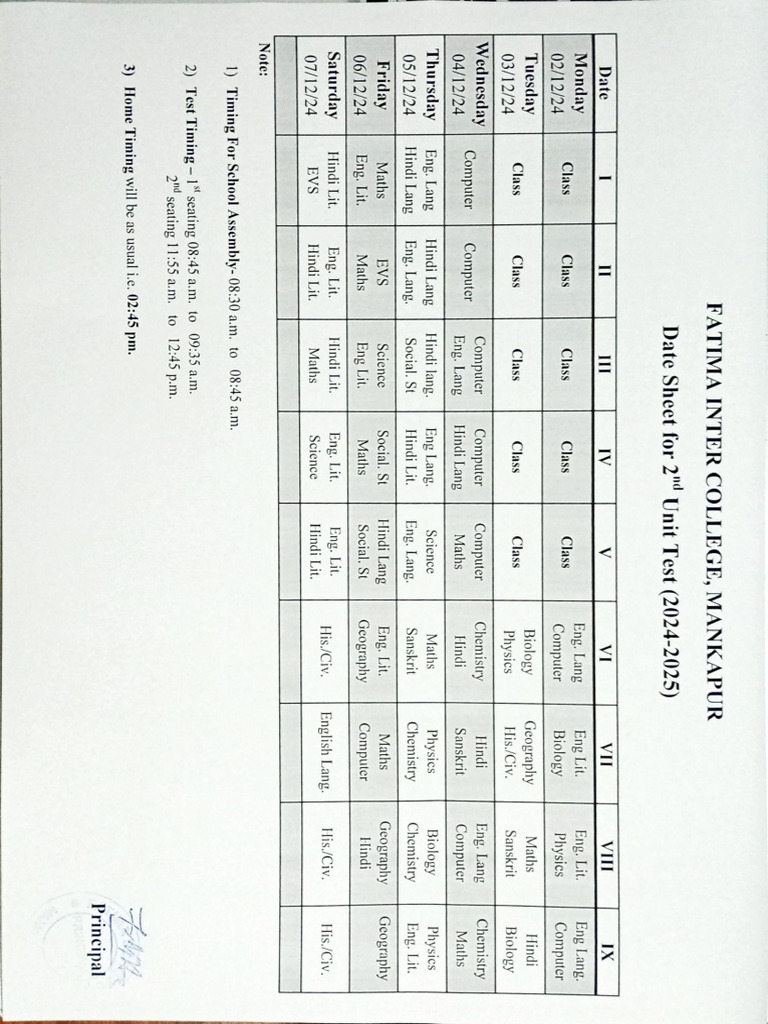II Unit Test Time Table | PDF