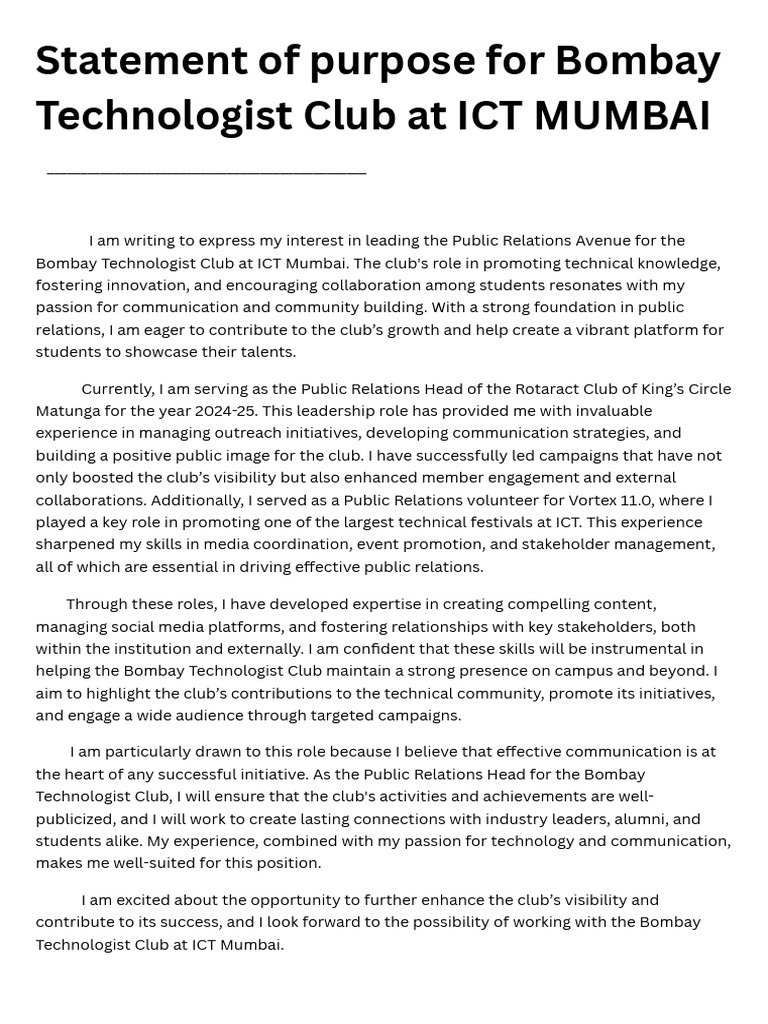 Statement of Purpose For Bombay Technologist Club at ICT MUMBAI ...