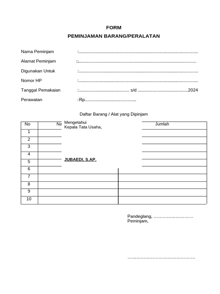 Formulir Peminjaman Barang Peralatan | PDF