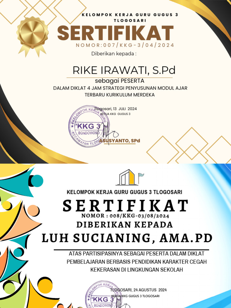 Sertifikat Diklat KKG Tlogosari 2024 | PDF